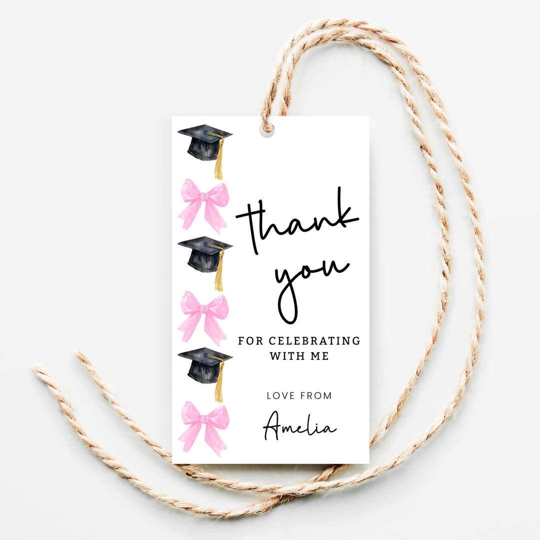Graduation Thank You Favor Tag Pink Bow, Editable Graduation Party ...