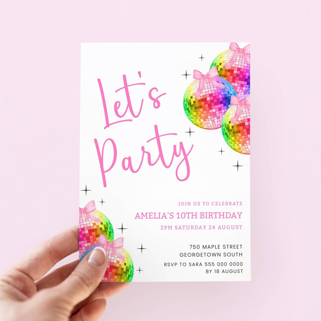 Disco Birthday Invitation Rainbow, Editable Coquette Disco Birthday ...