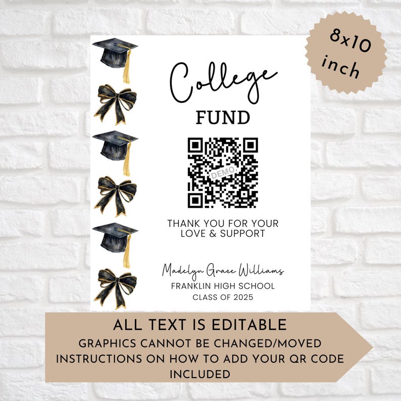College Fund Sign, Editable QR Code Sign for Graduation Party ...