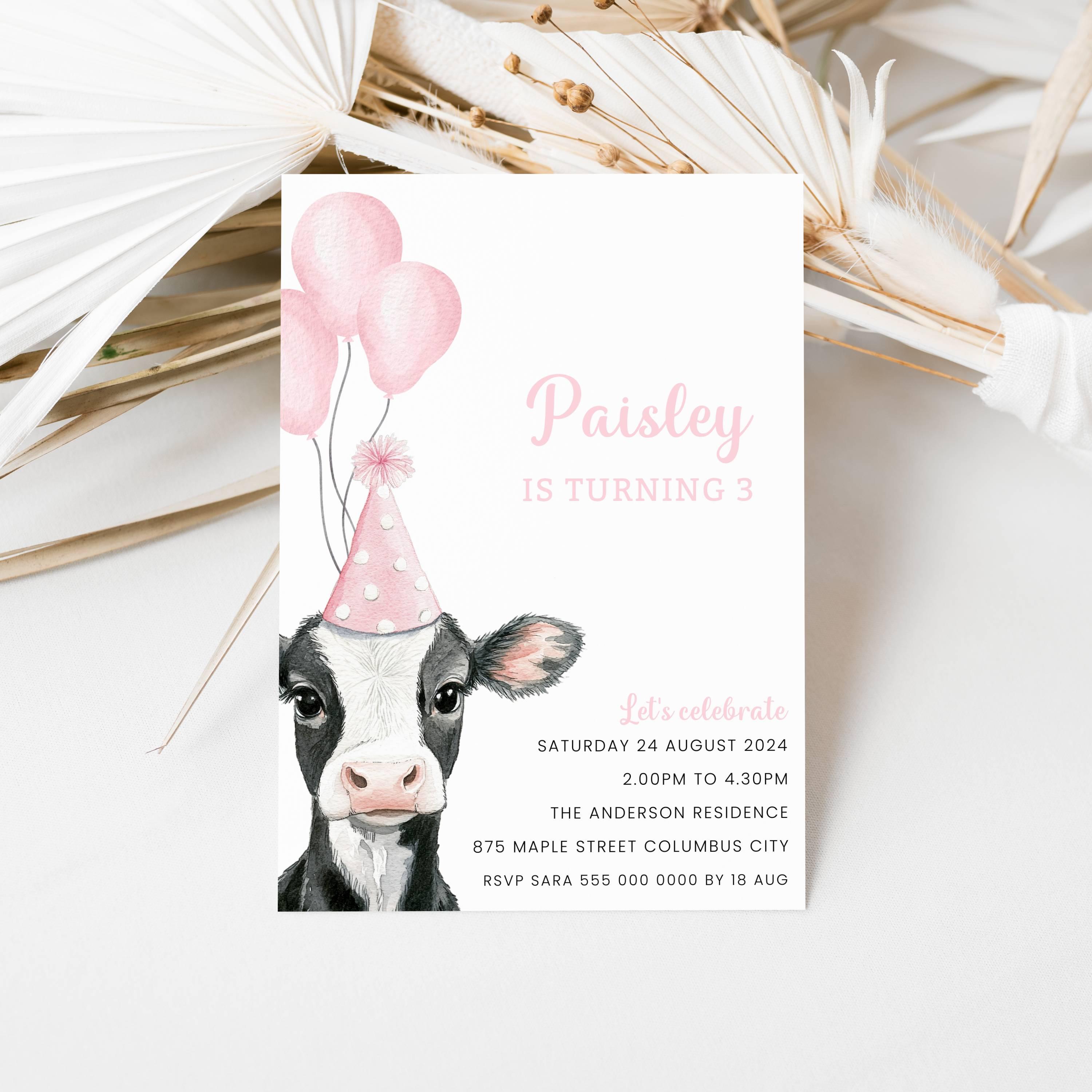 Cow Birthday Invitation Pink Cow Birthday Invite Digital, Cute Cow ...