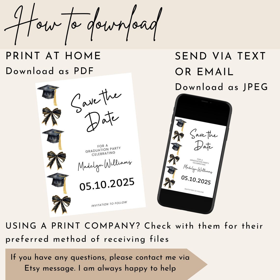 Save the Date Graduation Invitation Black Bow, Editable Graduation Save ...