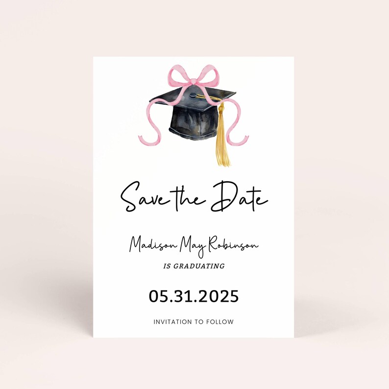 Save the Date Graduation Invitation Pink Bow, Editable Graduation Save ...