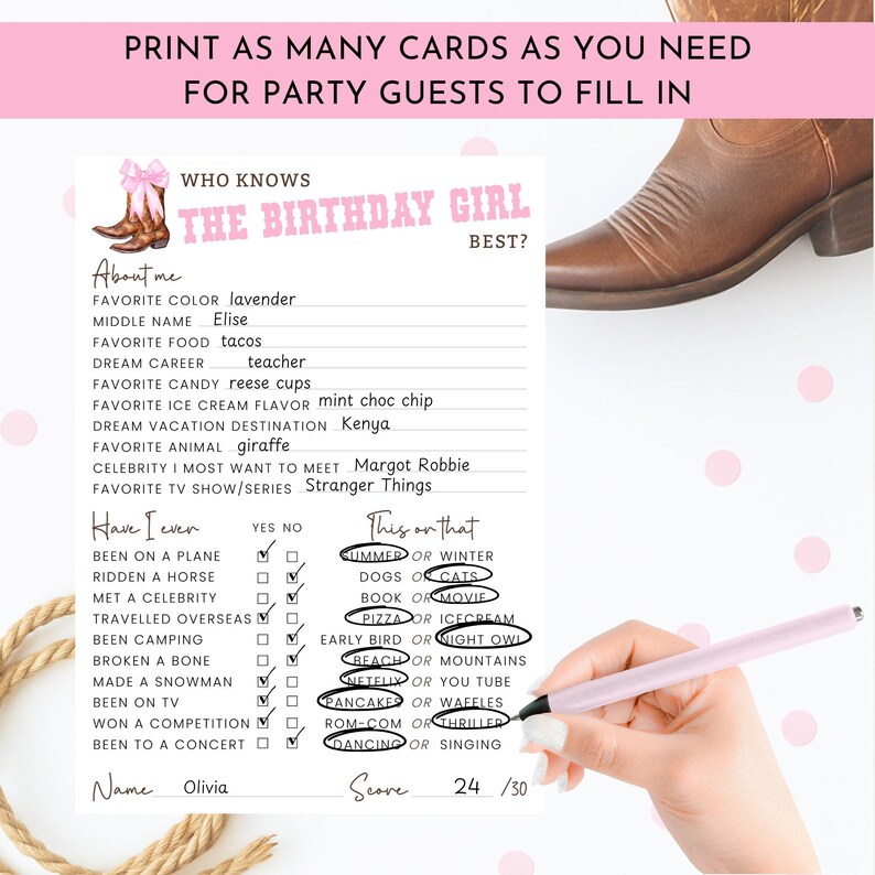 Who Knows the Birthday Girl Best Game, Cowgirl Birthday Games, Instant ...