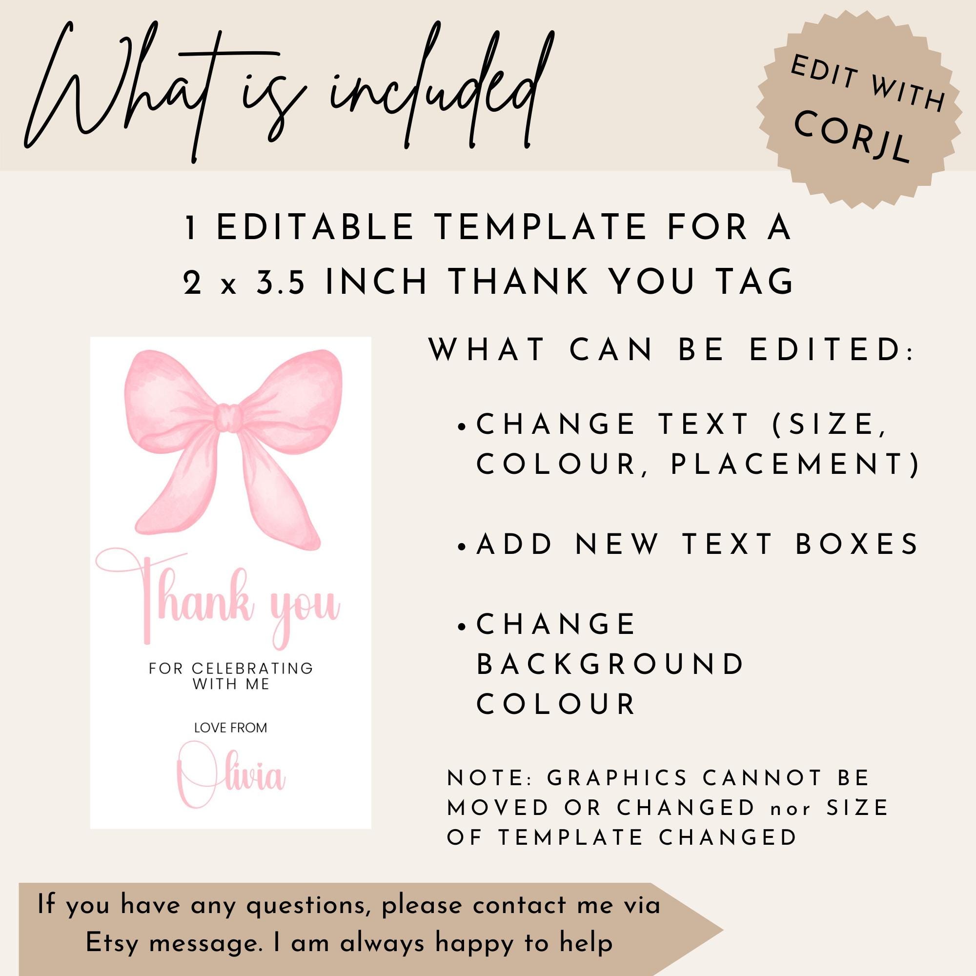 Editable Favor Tag for Pink Coquette Birthday Party, Pink Bow Thank You ...