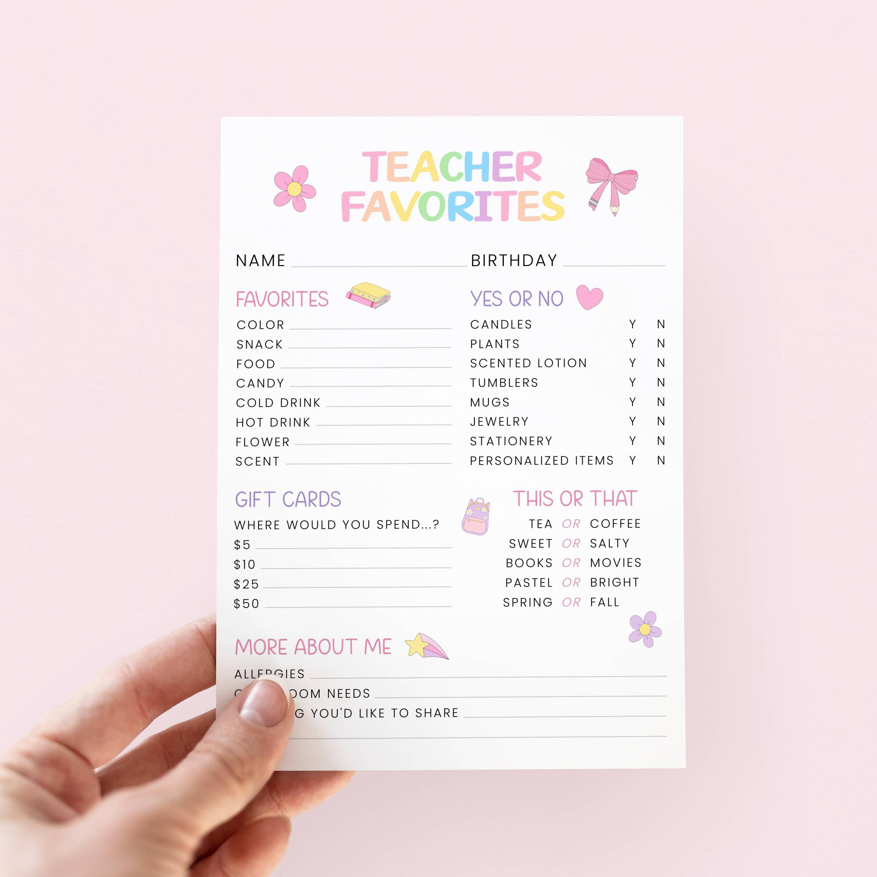 Teacher Favorite Things Form Pastel, All About My Teacher Printable ...