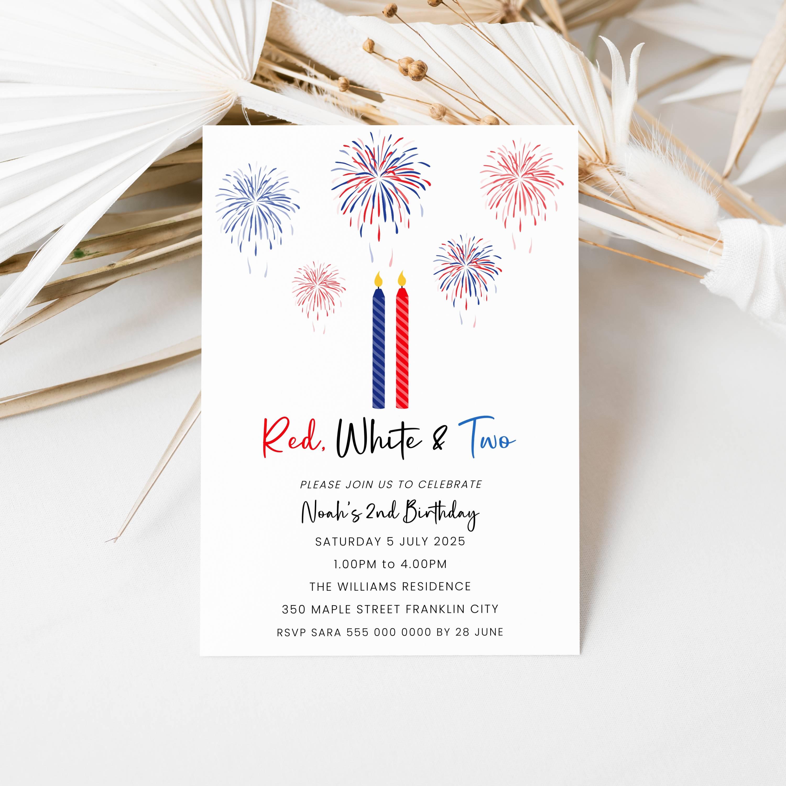 4th of July 2nd Birthday Invitation, Editable Red White & Two Invite ...