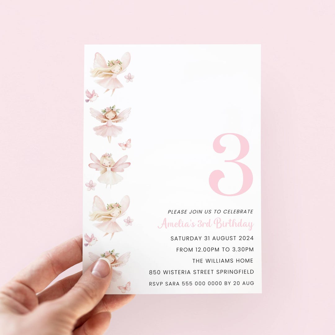 Fairy Birthday Invitation 3rd Birthday Invite Girl Editable, Pink Fairy ...
