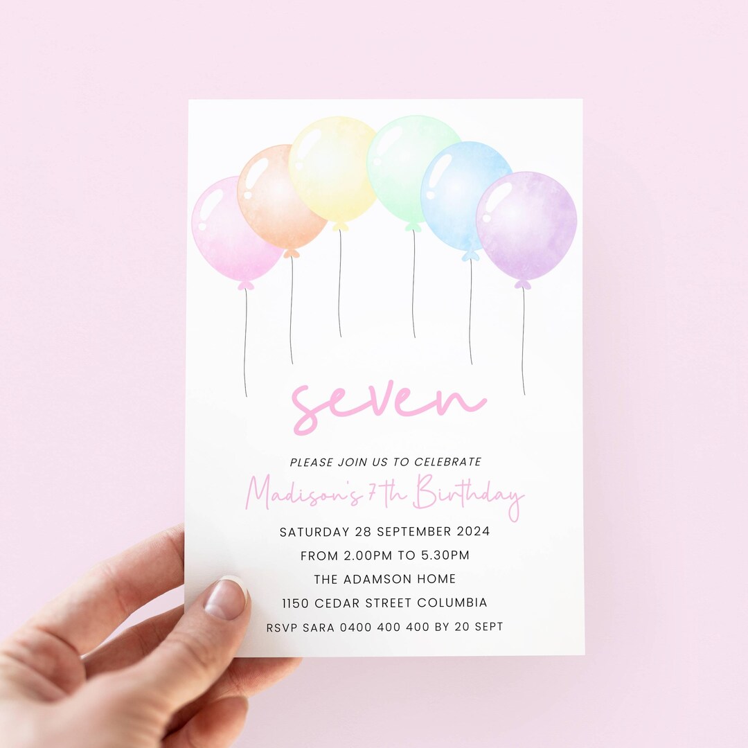 Pastel 7th Birthday Invitation, Editable Rainbow 7th Birthday Invite ...
