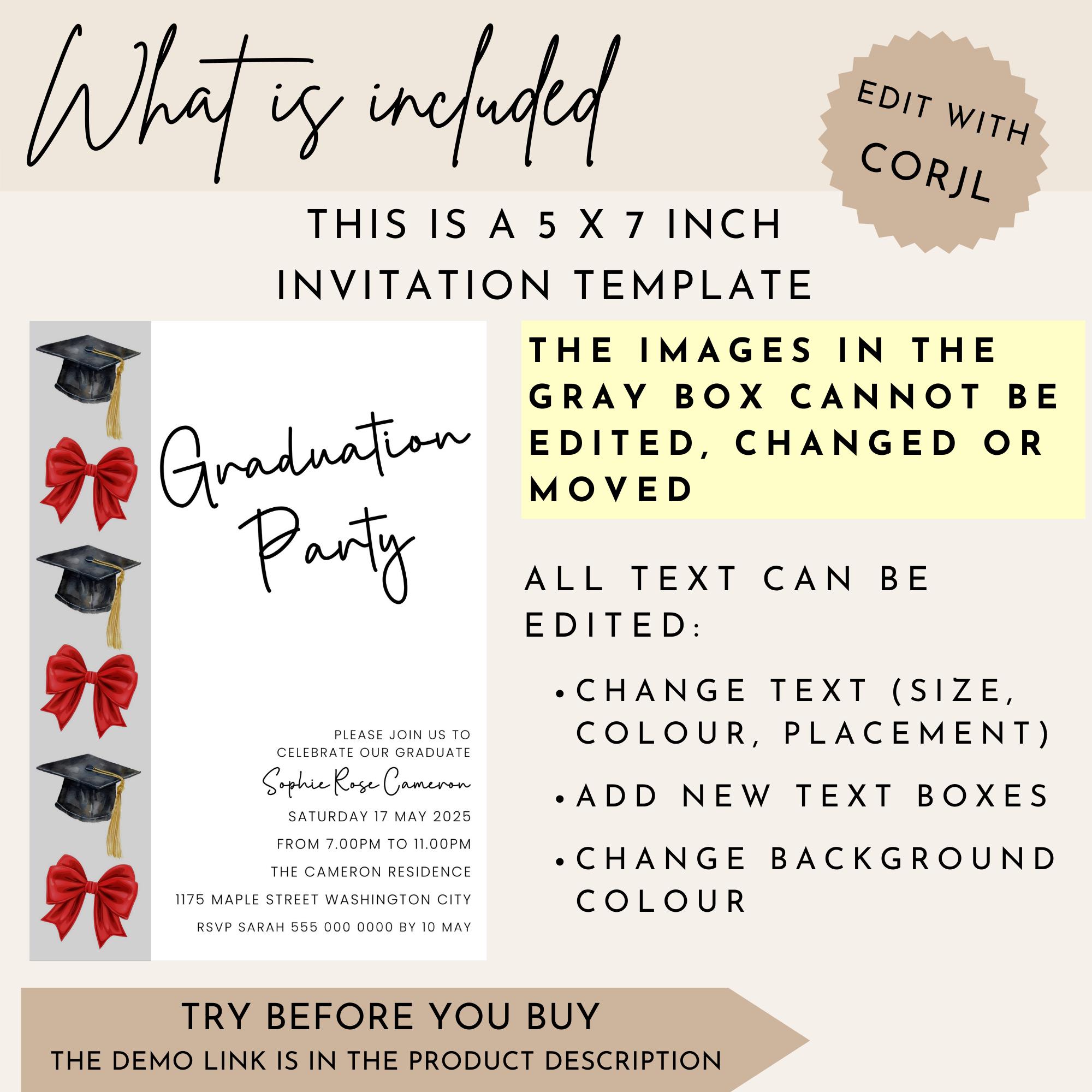 Graduation Invitation Red Bow, Editable Graduation Invite Template, Red ...