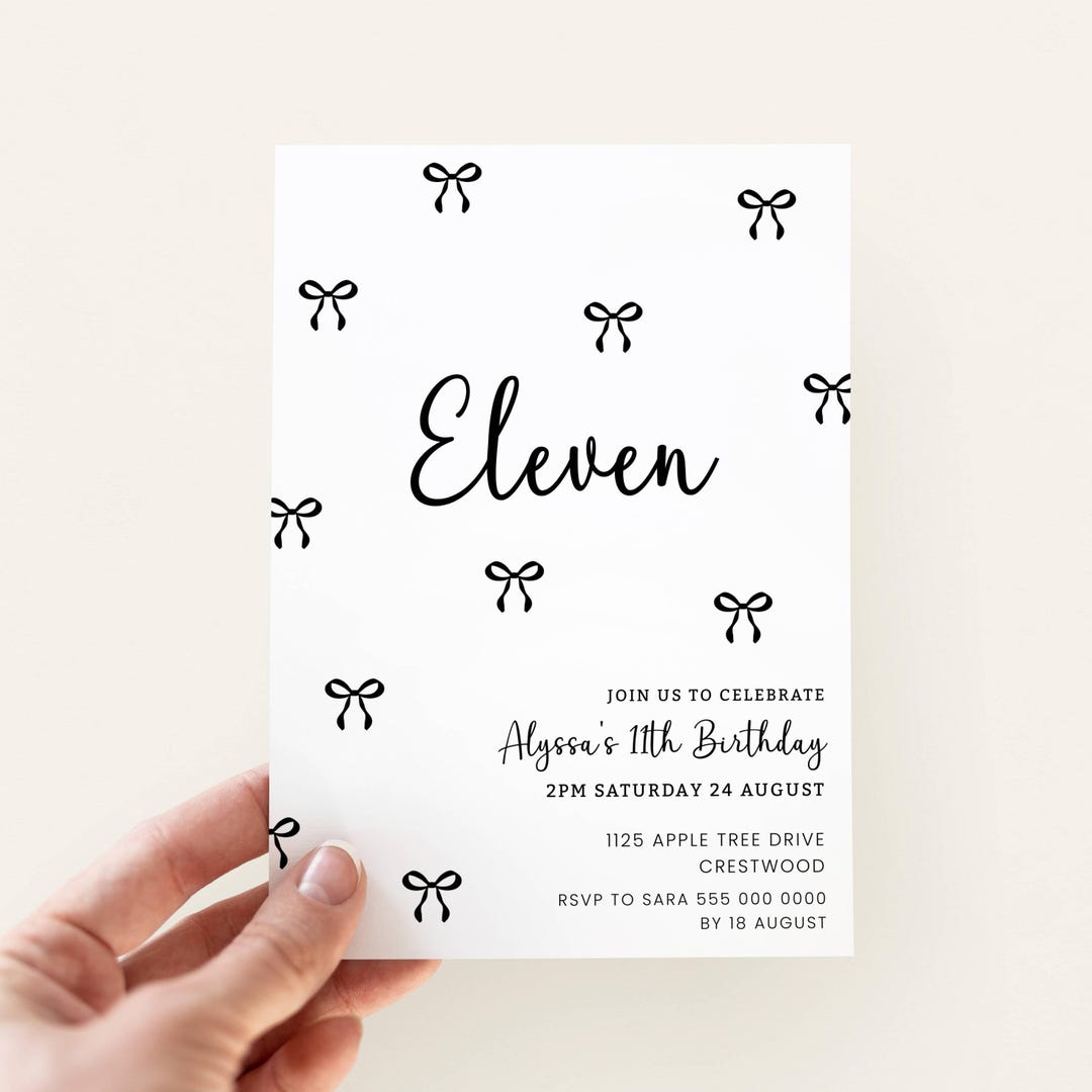 11th Birthday Invitation Black Bow, Girl 11th Birthday Invite Editable ...