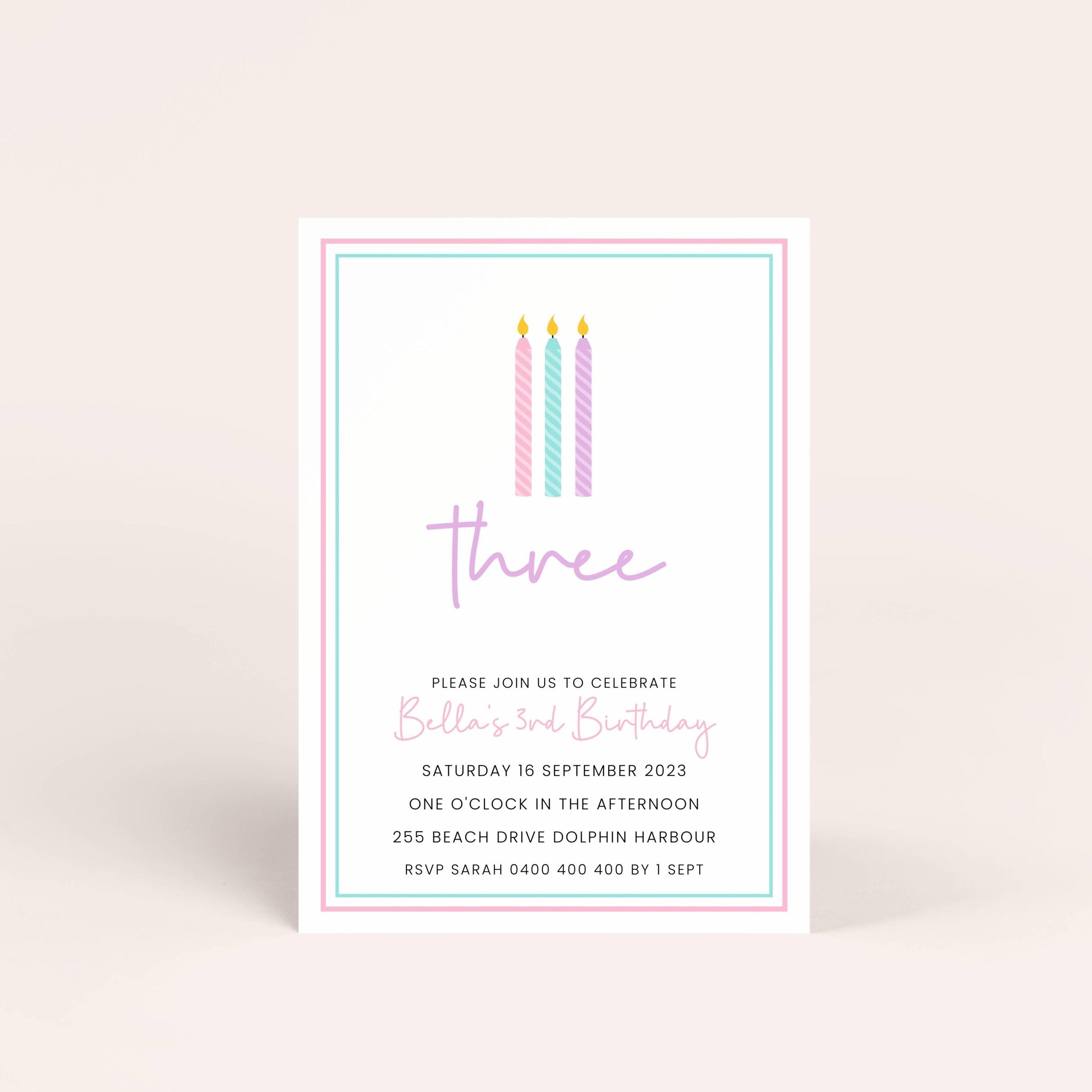 Pastel Rainbow 3rd Birthday Invitation Girl, Editable 3rd Birthday ...