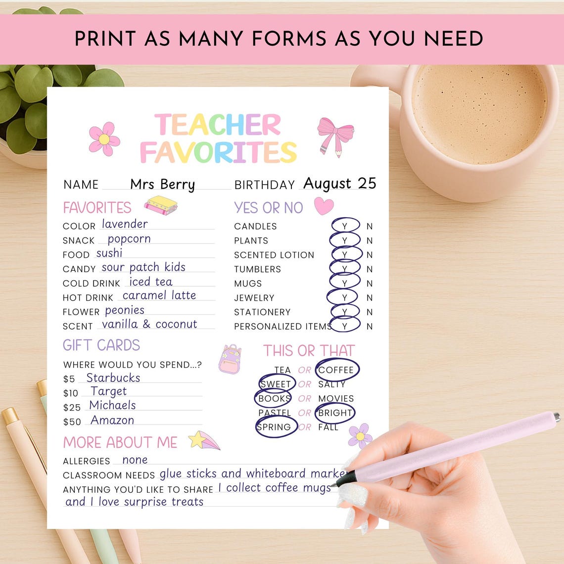 Teacher Favorite Things Form Pastel, All About My Teacher Printable ...
