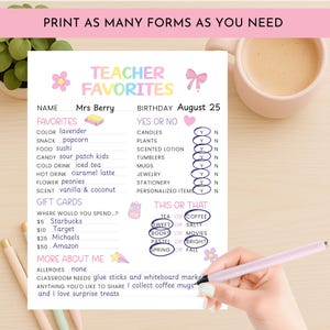 Teacher Favorite Things Form Pastel, All About My Teacher Printable ...