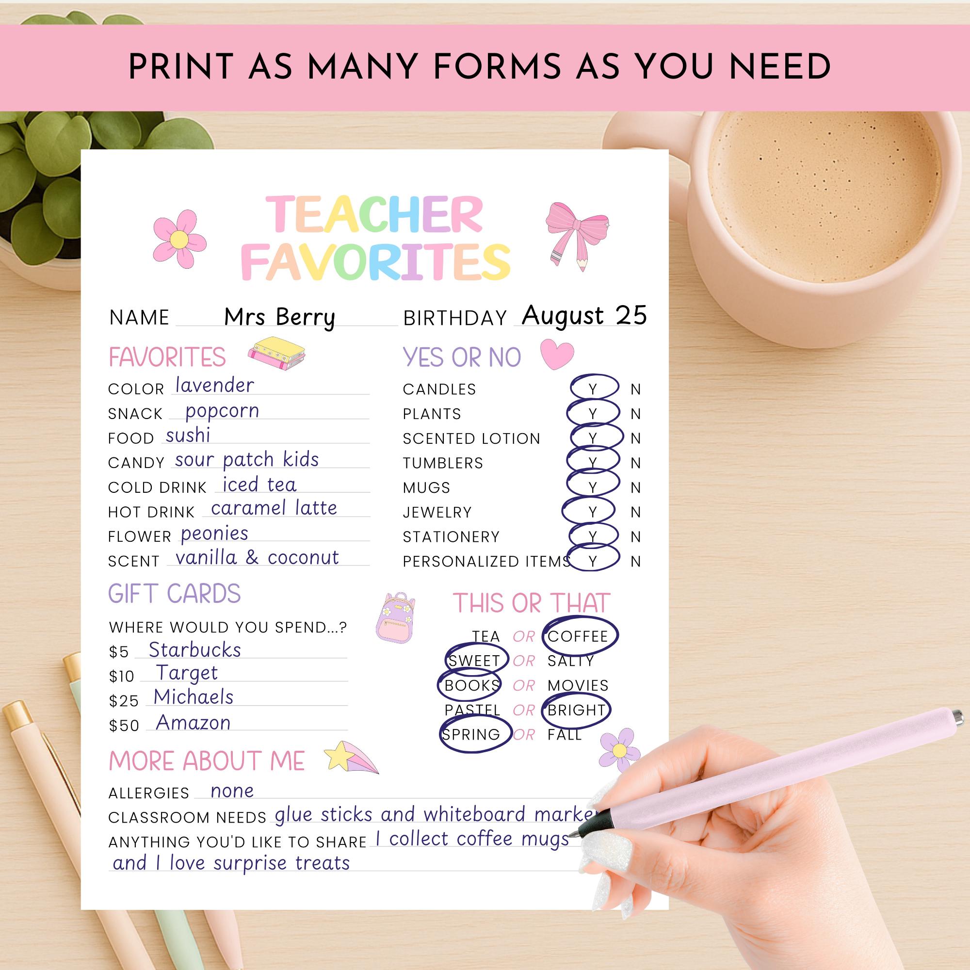 Teacher Favorite Things Form Pastel, All About My Teacher Printable ...