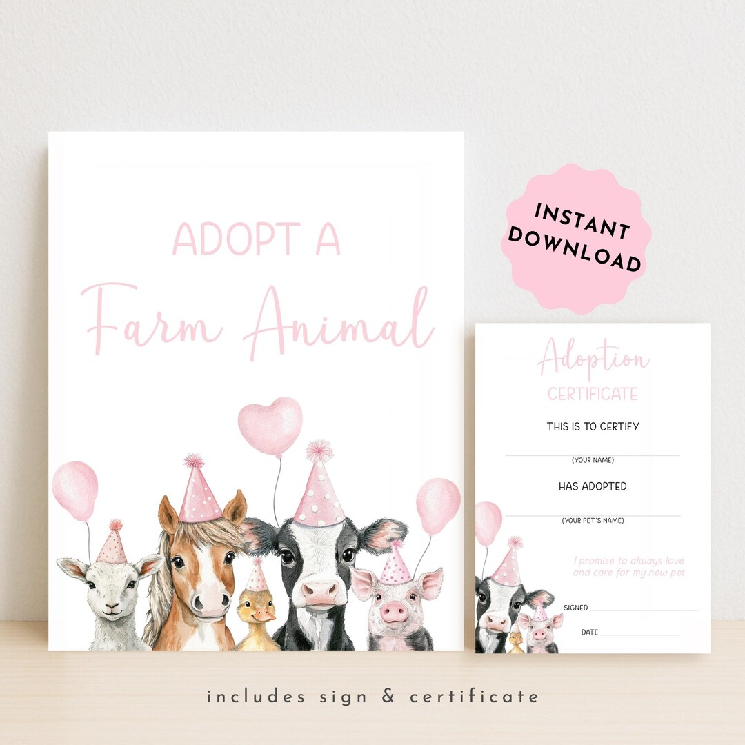 Adopt A Farm Animal Sign, Instant Download Farm Party Animal Adoption ...