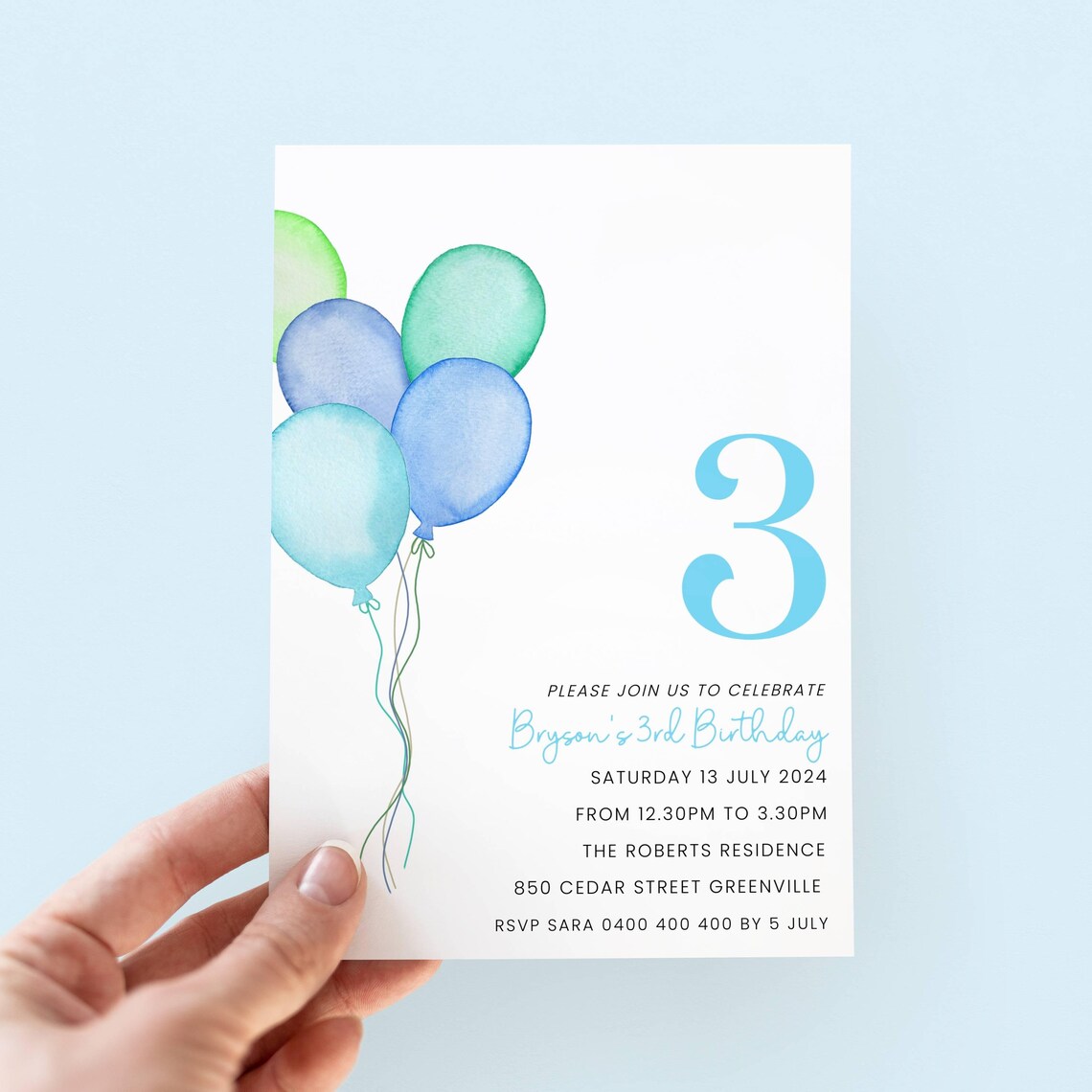 Boy 3rd Birthday Invitation Blue & Green Editable Third Birthday Invite ...