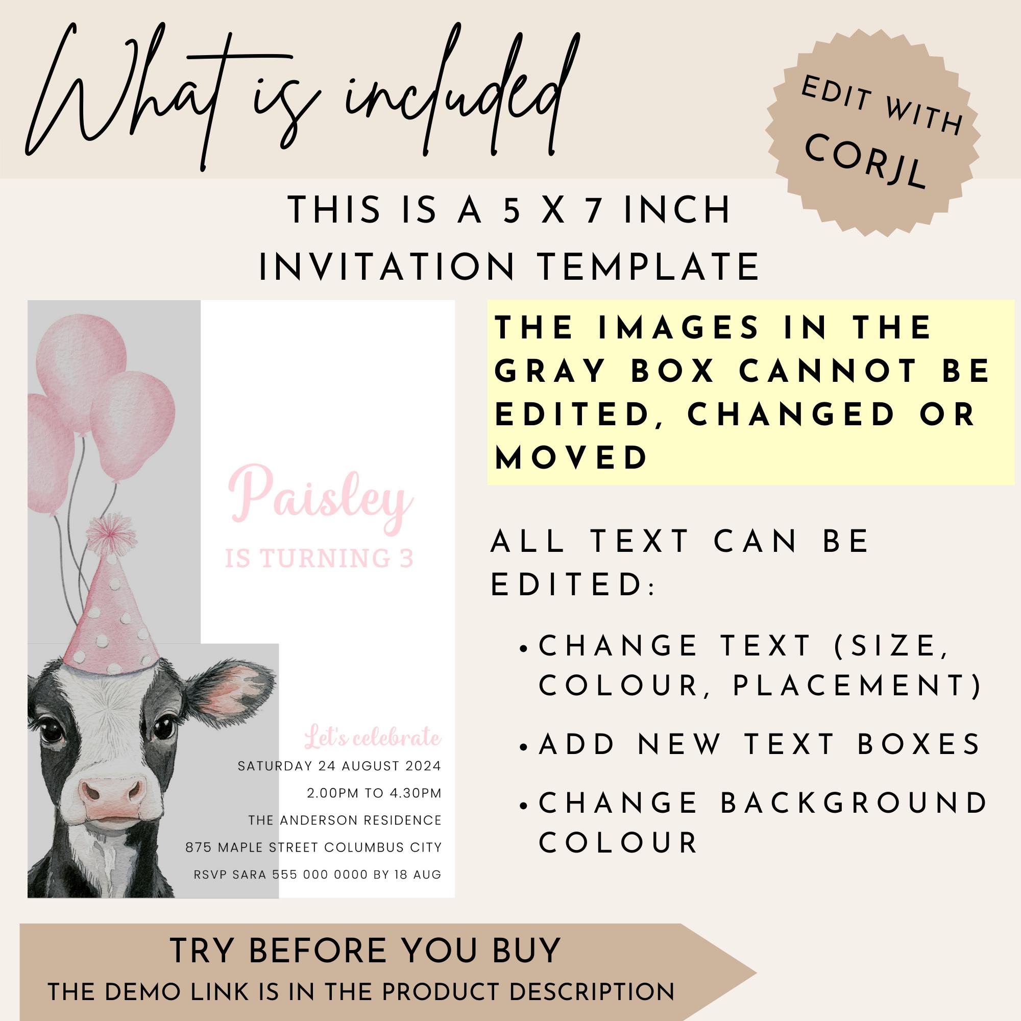 Cow Birthday Invitation Pink Cow Birthday Invite Digital, Cute Cow ...