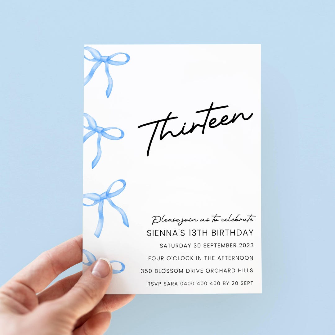 Blue Bow 13th Birthday Invitation, Editable Coquette Birthday Invite ...