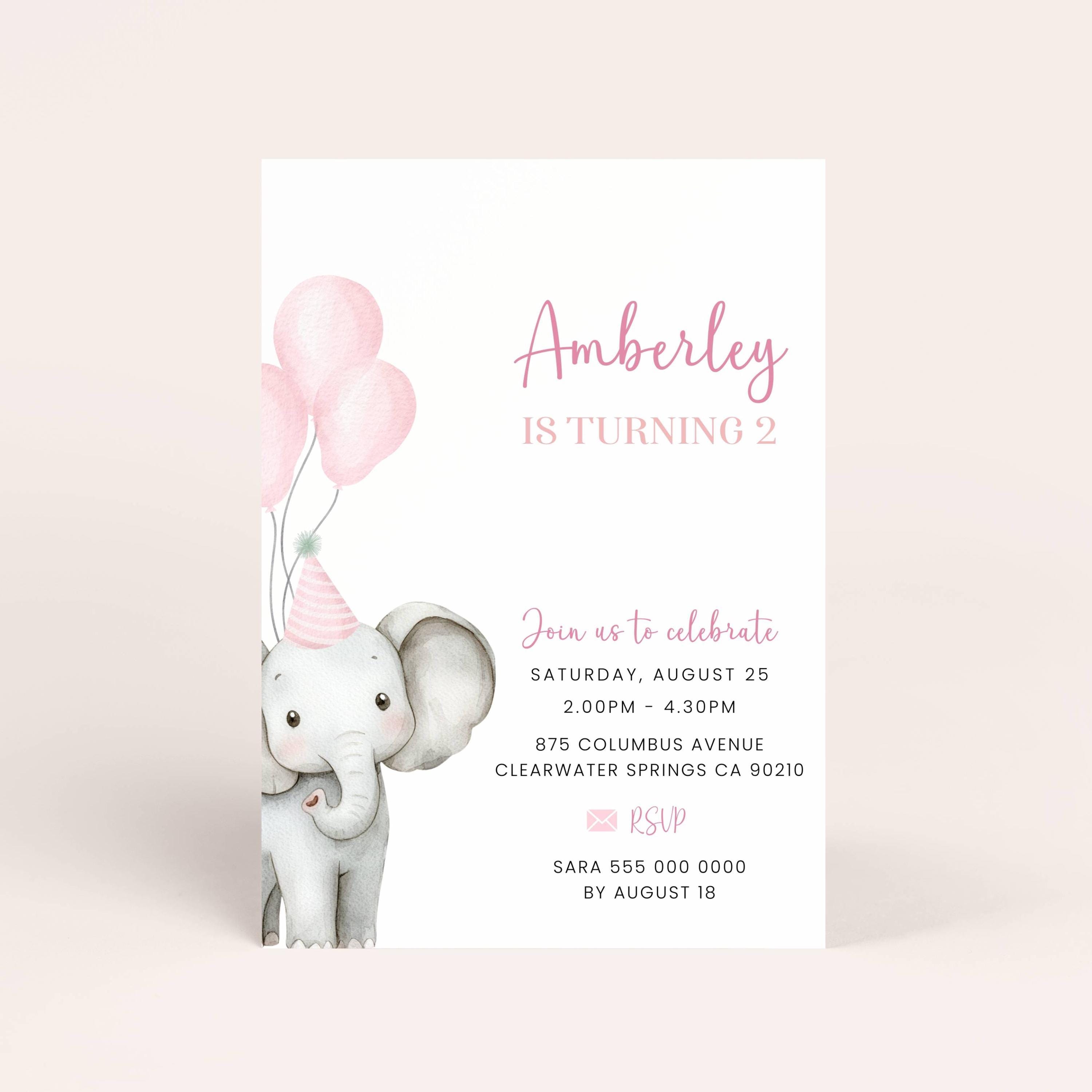 Elephant Birthday Invitation Pink, Girl Safari Birthday Invite Template ...