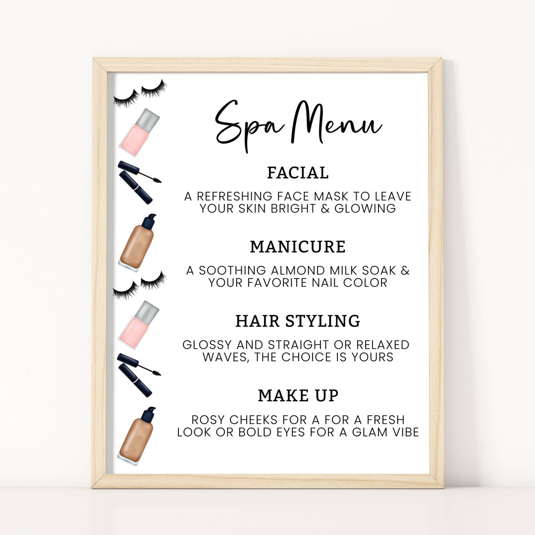 Spa Party Menu, Editable Spa Birthday Party Sign, Spa Party Printable ...