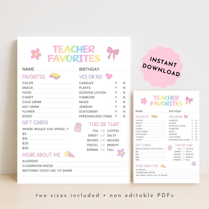 Teacher Favorite Things Form Pastel, All About My Teacher Printable ...