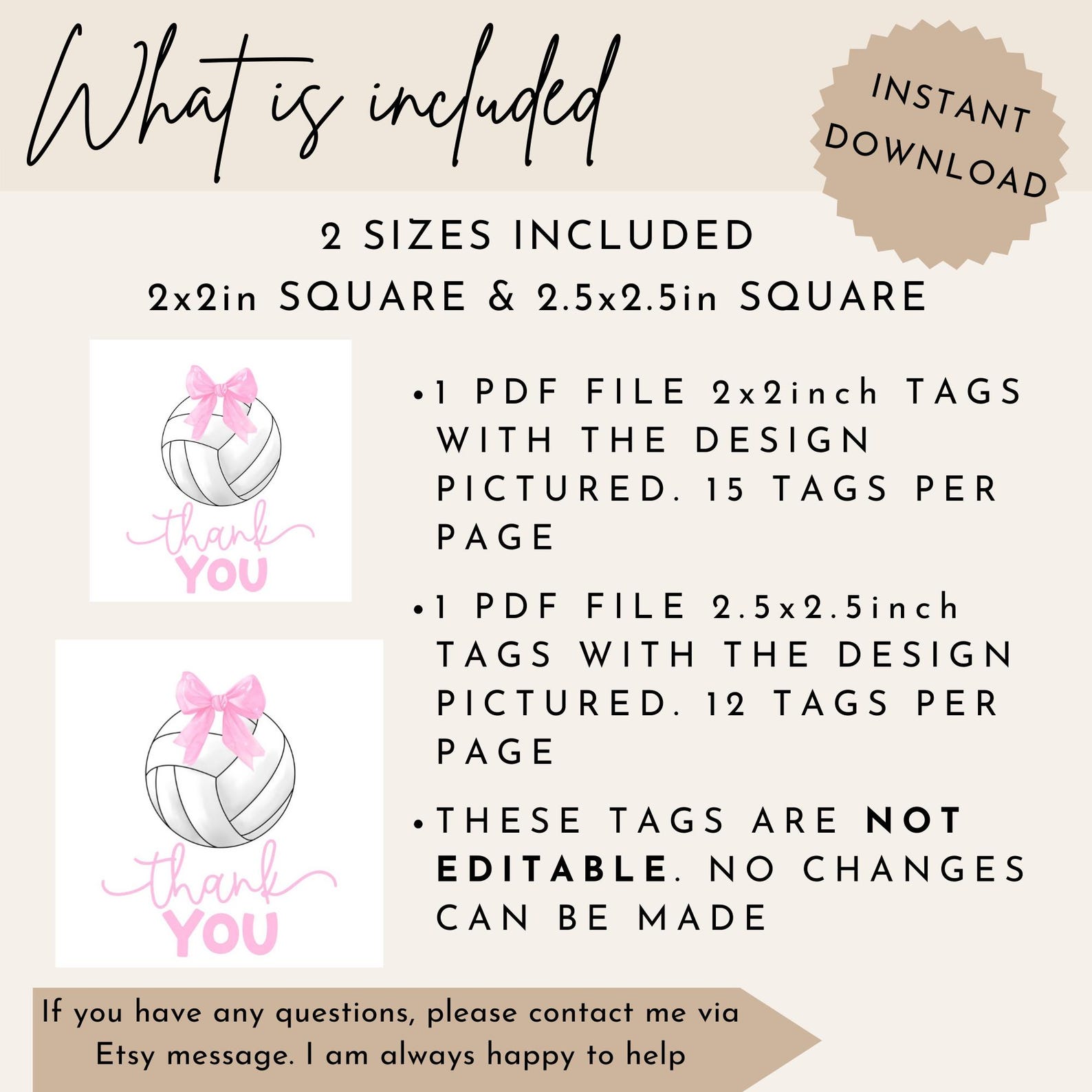 Volleyball Thank You Tag, Instant Download Pink Volleyball Tag ...