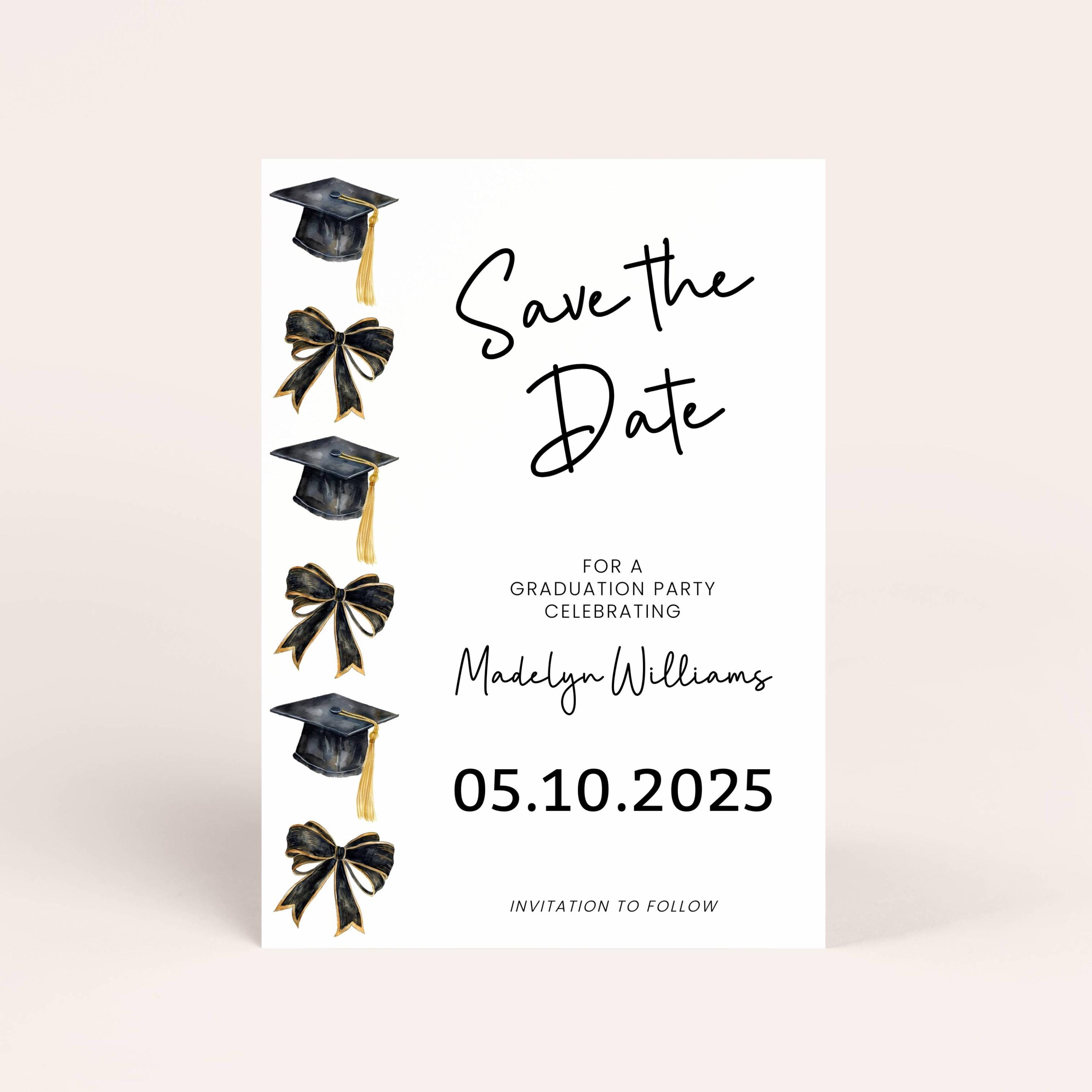 Save the Date Graduation Invitation Black Bow, Editable Graduation Save ...