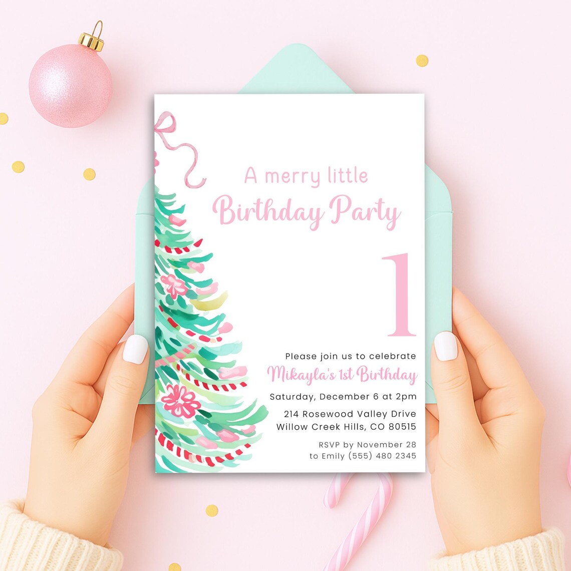 Christmas 1st Birthday Invitation Girl, Digital Pink Christmas First ...