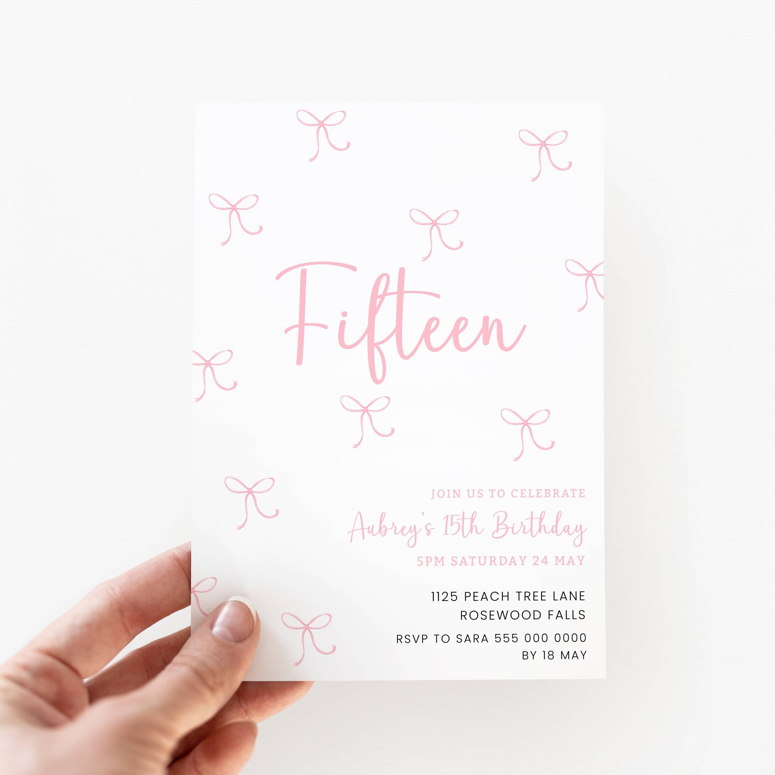 15th Birthday Invitation Pink Bow, Girl 15th Birthday Invite Editable ...