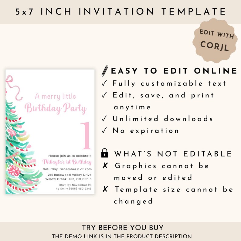 Christmas 1st Birthday Invitation Girl, Digital Pink Christmas First ...