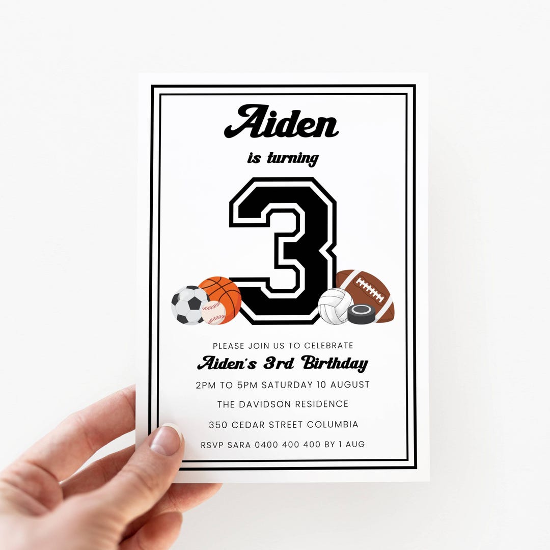3rd Birthday Invitation Sports Theme Boy, Sports Birthday Invite Boy ...
