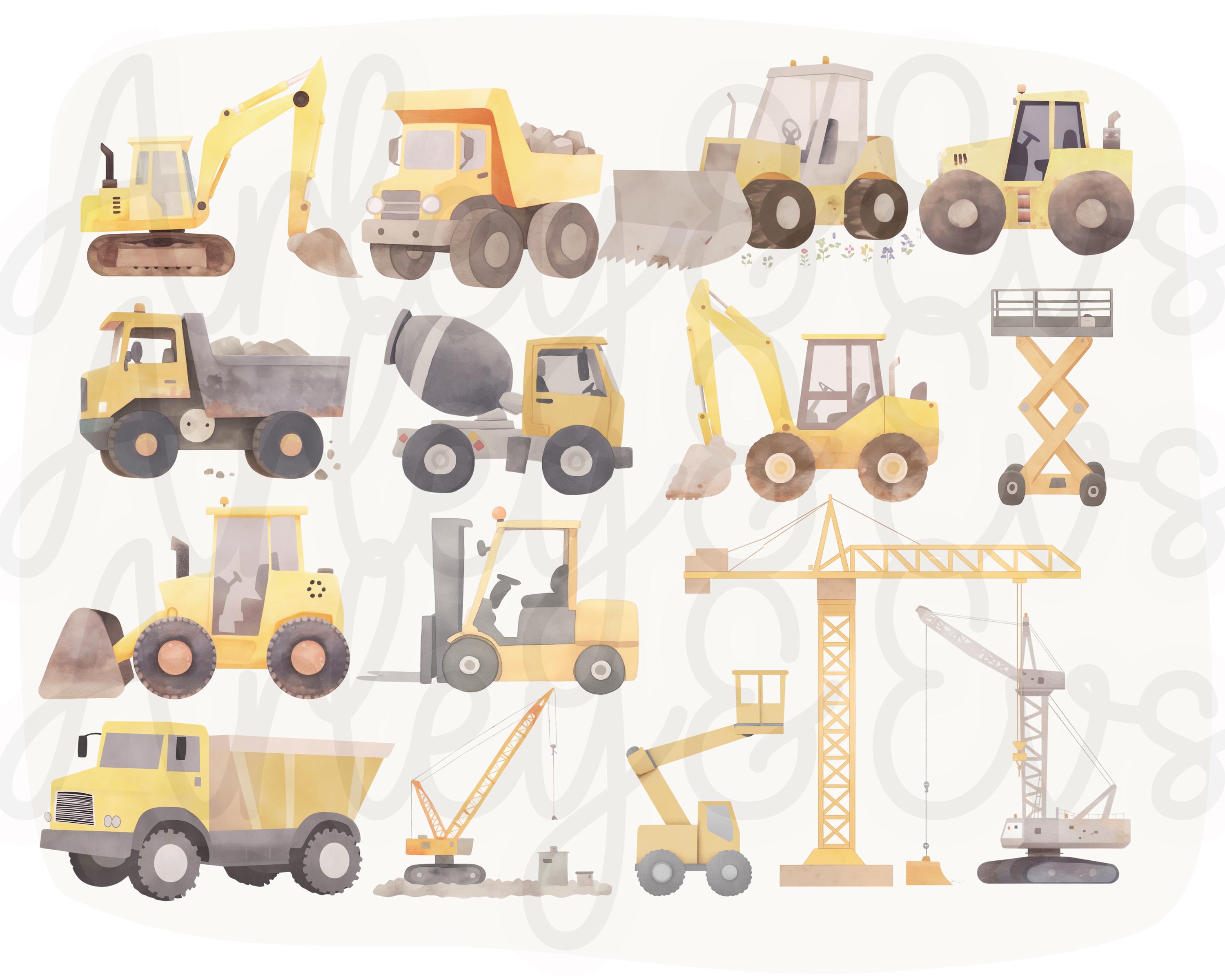 Watercolor Construction Clipart Bundle: Vehicles, Tools, Nursery (PNG ...