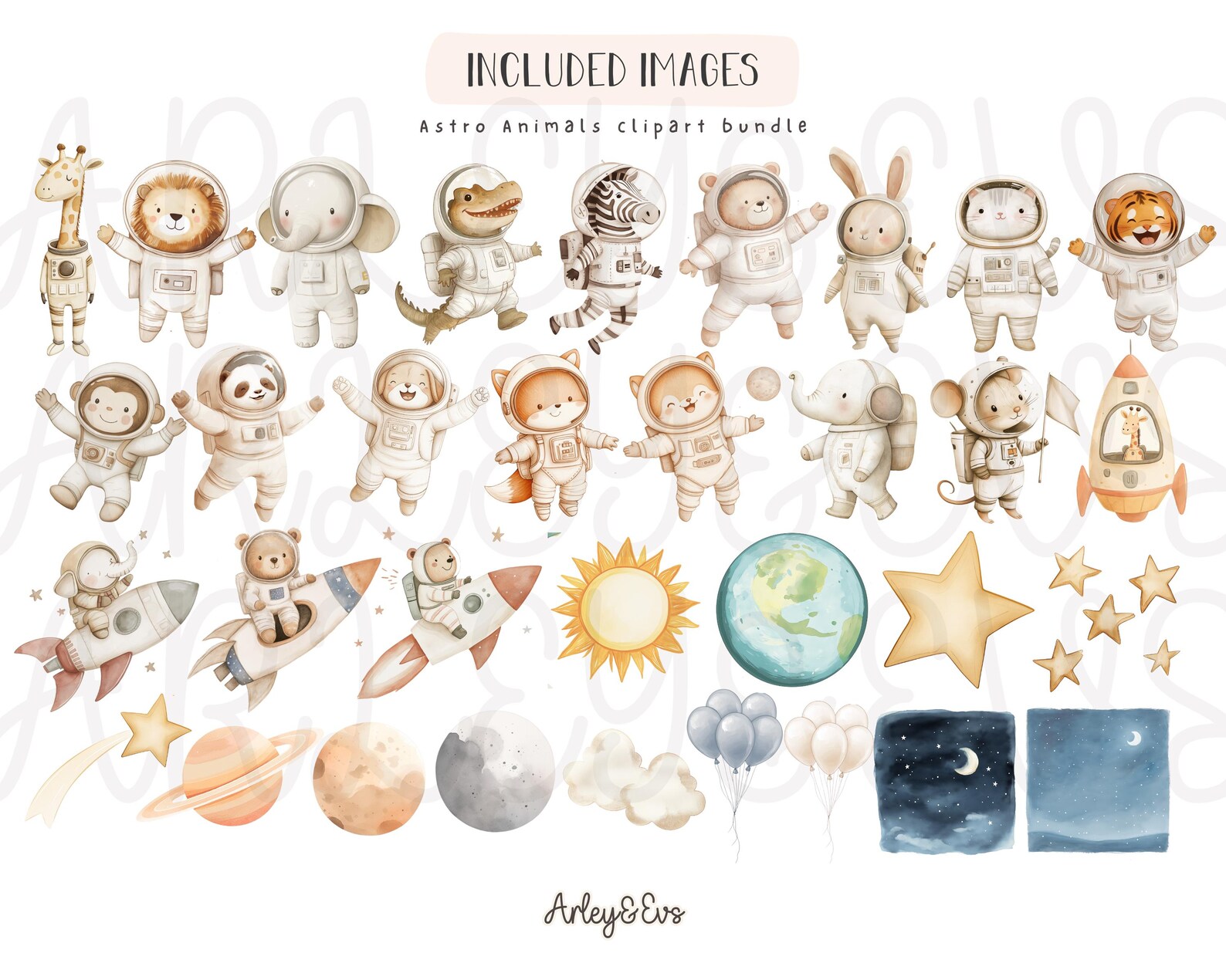 Space Animal Clipart Set, Clipart Bundle, Watercolour Space, Commercial ...