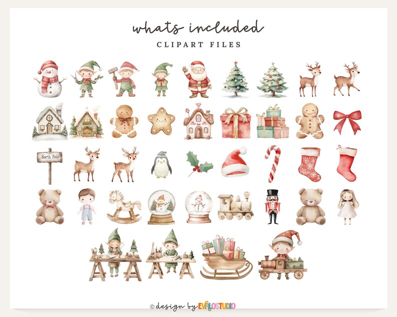 Watercolor Santa's Workshop Clipart Bundle: Festive Christmas ...