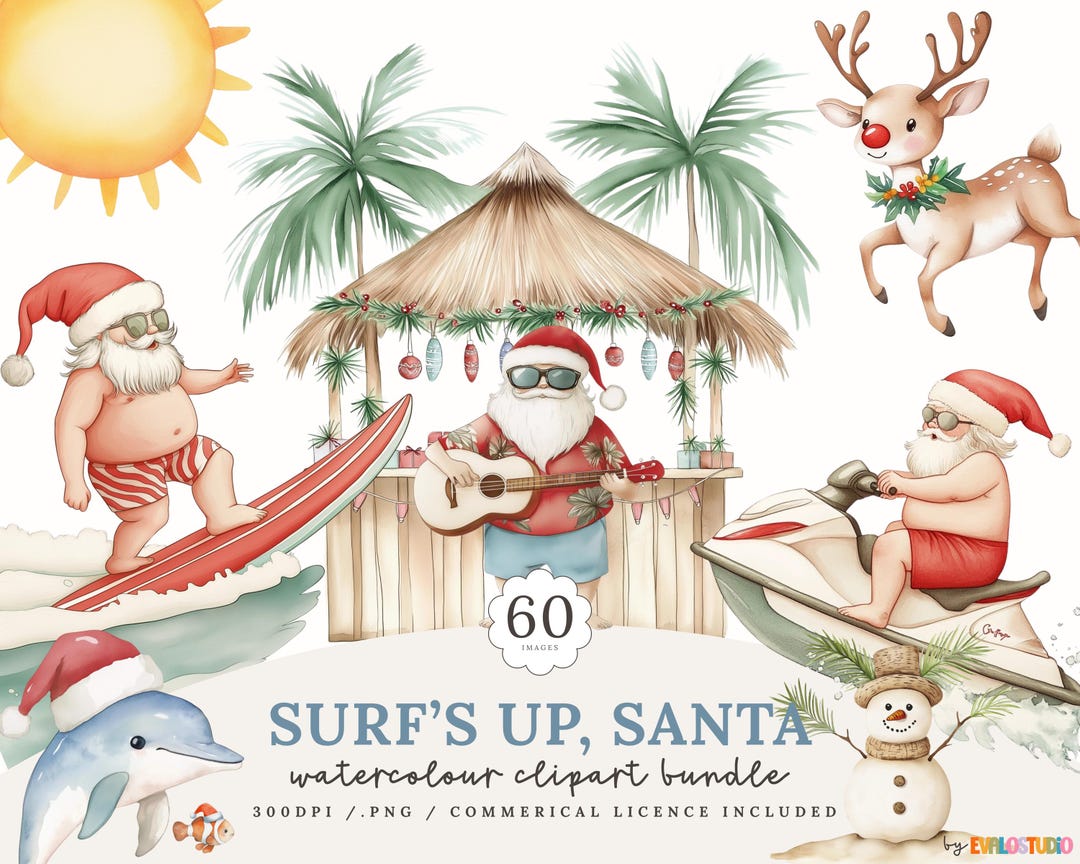 Tropical Christmas Clipart Bundle: Watercolor Illustrations, Commercial ...