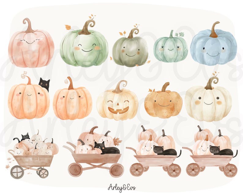 Halloween Clipart, Pastel Pumpkin Clipart Bundle, Watercolor Pumpkins ...