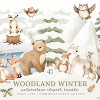 Woodland Animals Christmas Clipart Bundle, Winter Woodland Watercolor ...