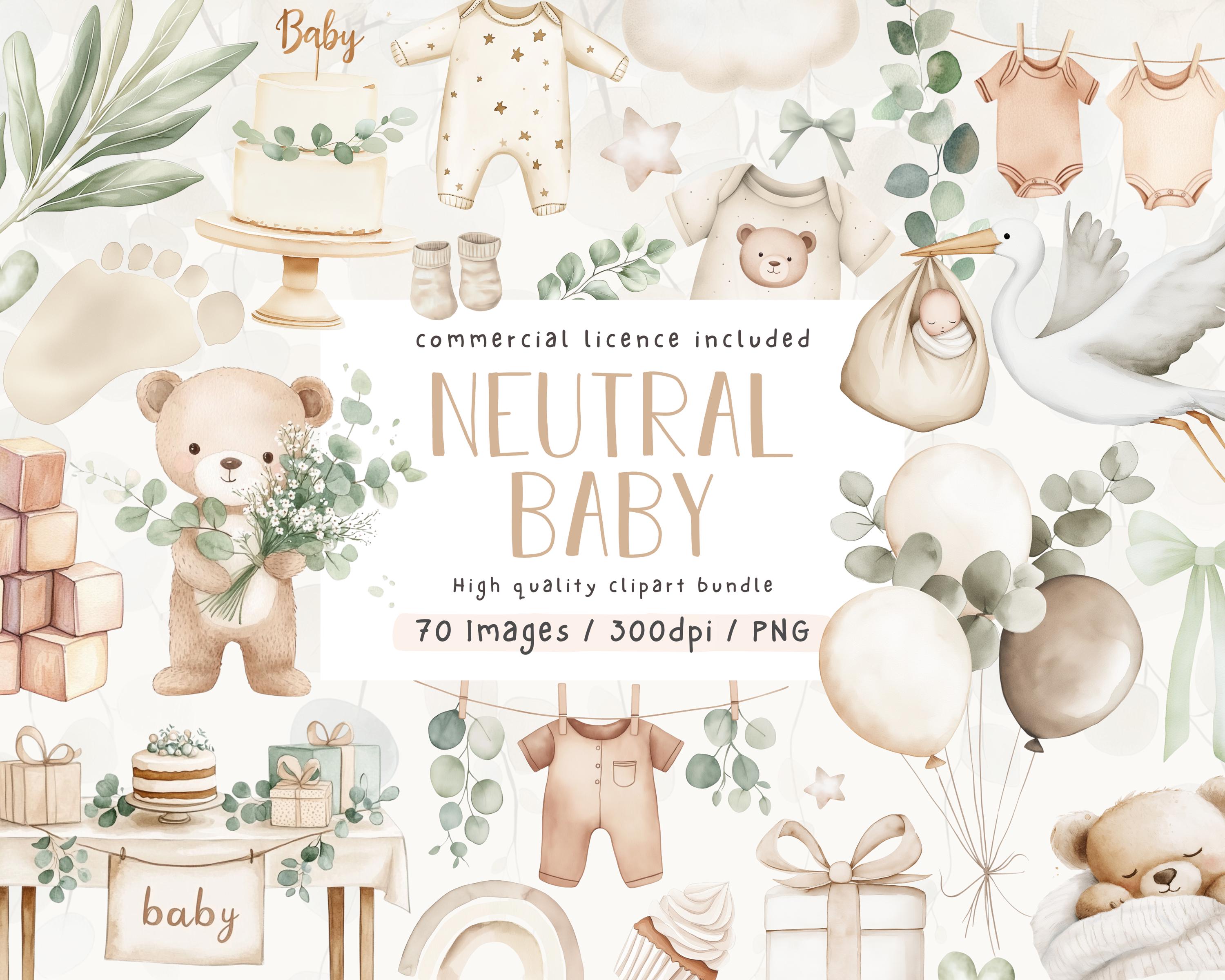 Watercolor Baby Shower Clipart Bundle: Neutral Green, Teddy Bear (PNG ...