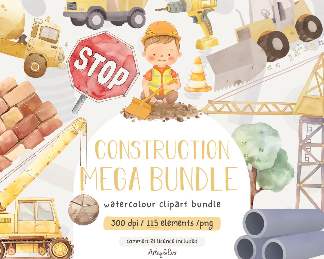 Construction Vehicles Clipart Bundle: Watercolor Nursery Art (PNG) - Etsy