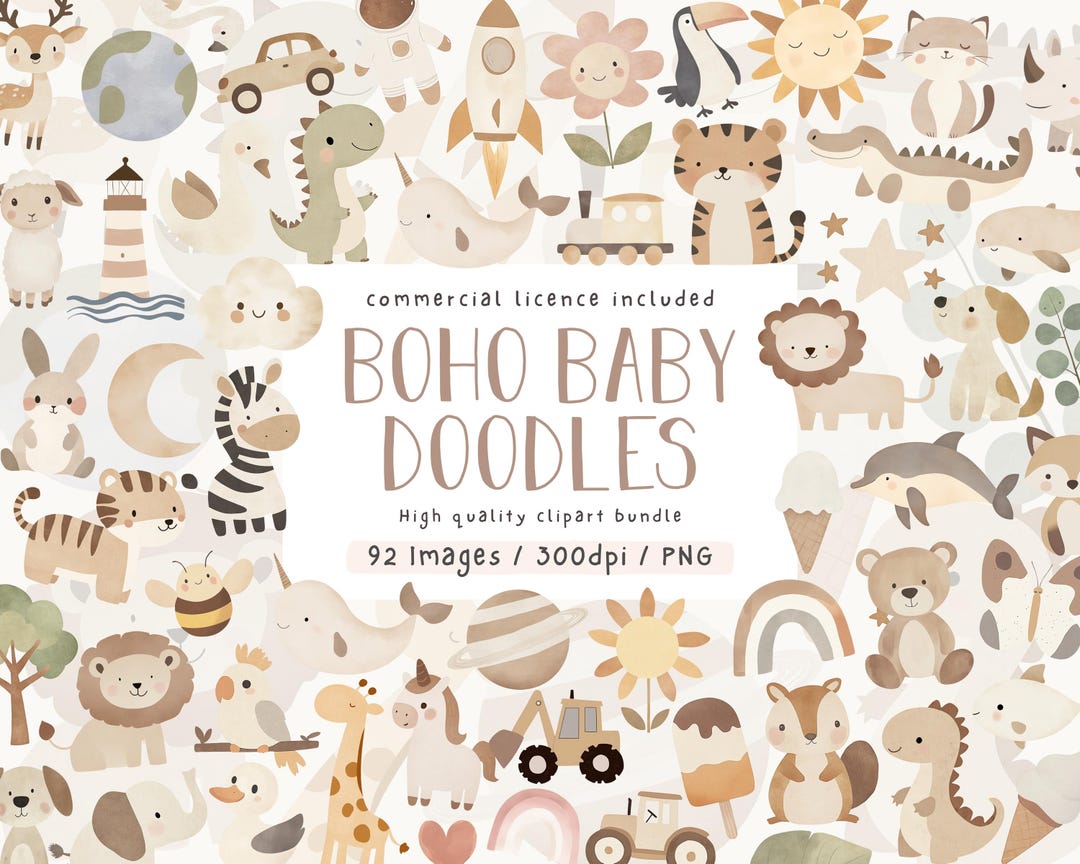 Boho Nursery Animal Clipart: Watercolor Beige Doodles (92 PNG) - Etsy