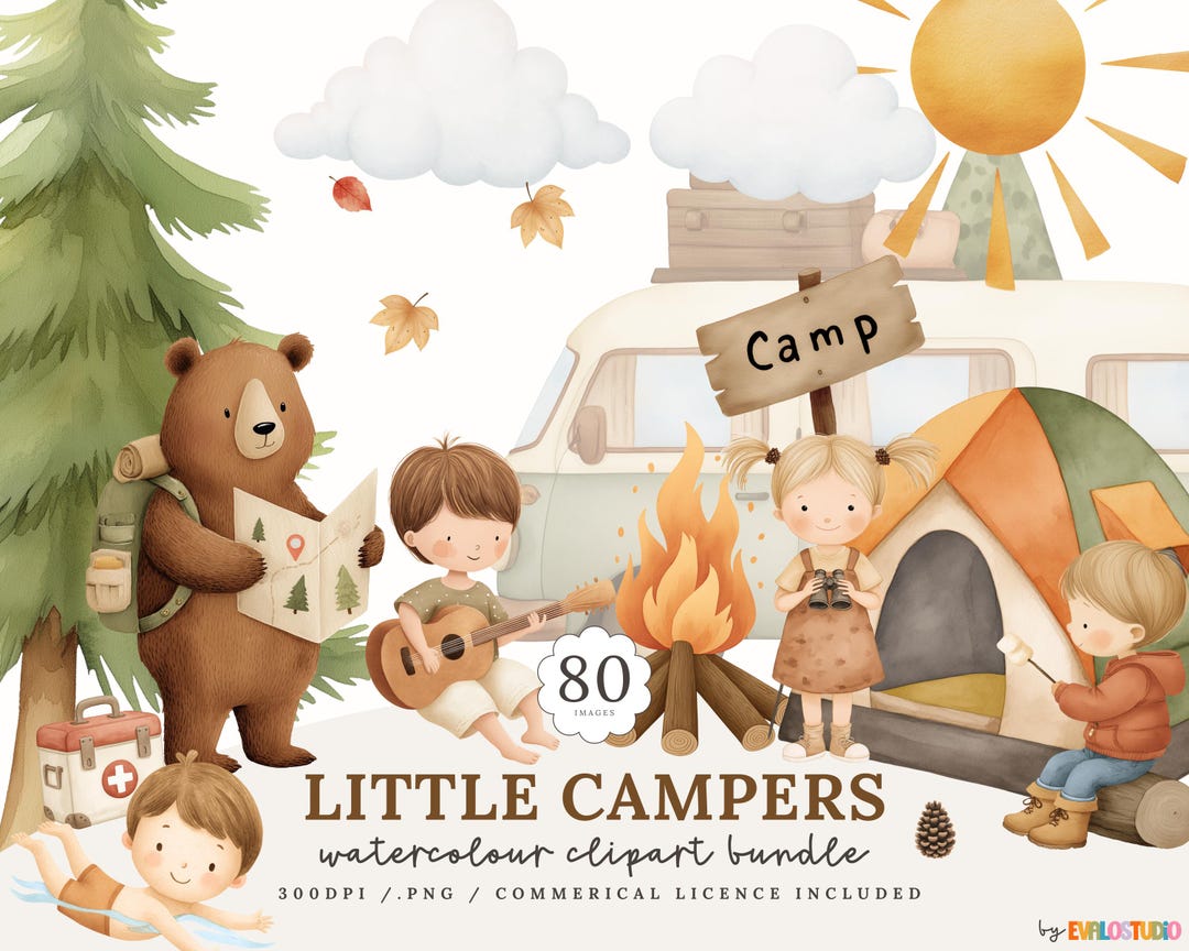 Watercolor Camping Clipart Bundle: Kids, Tent, Bear, Forest (PNG ...