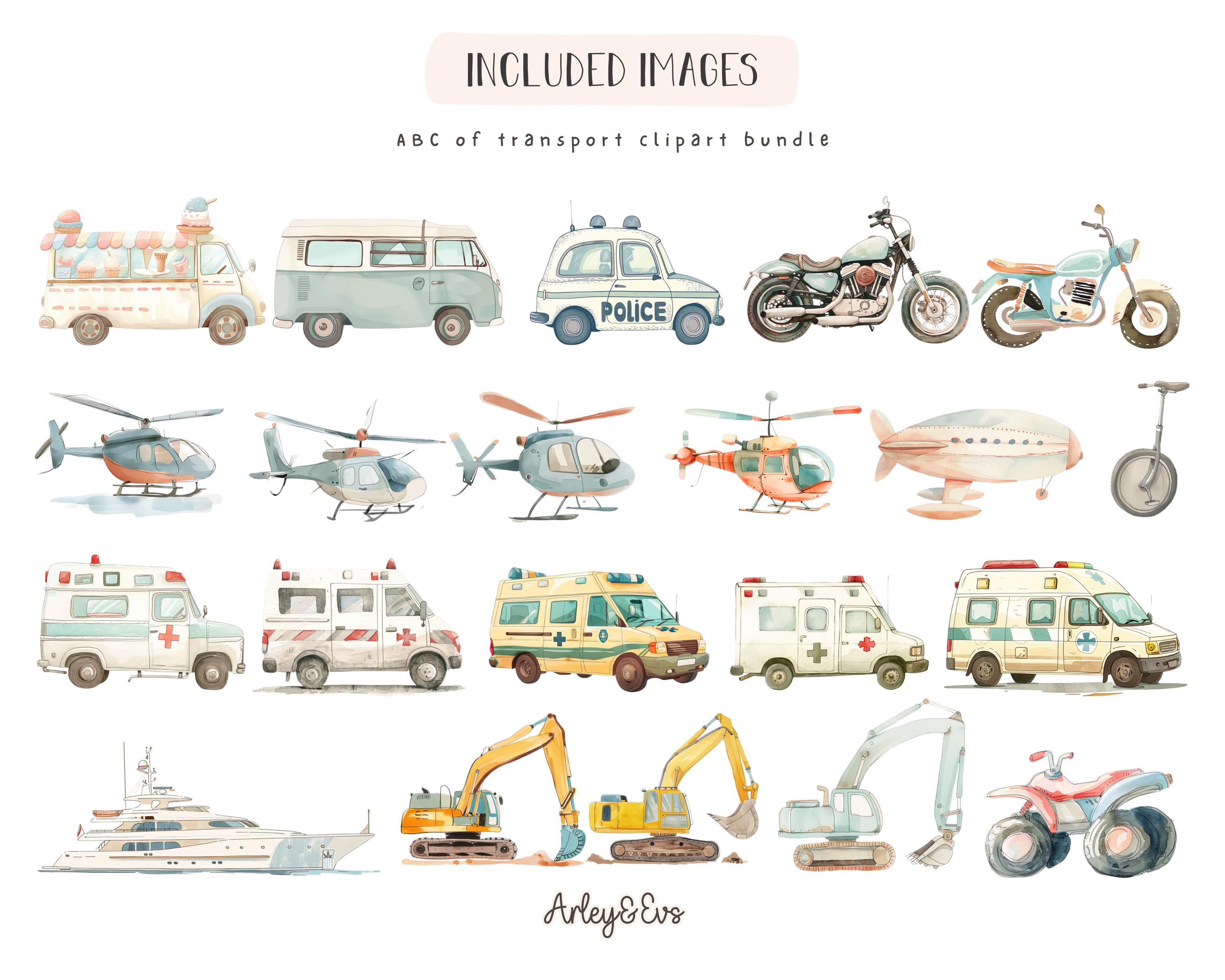 Watercolor Transport Clipart Bundle: Vehicle Illustrations, Nursery ...