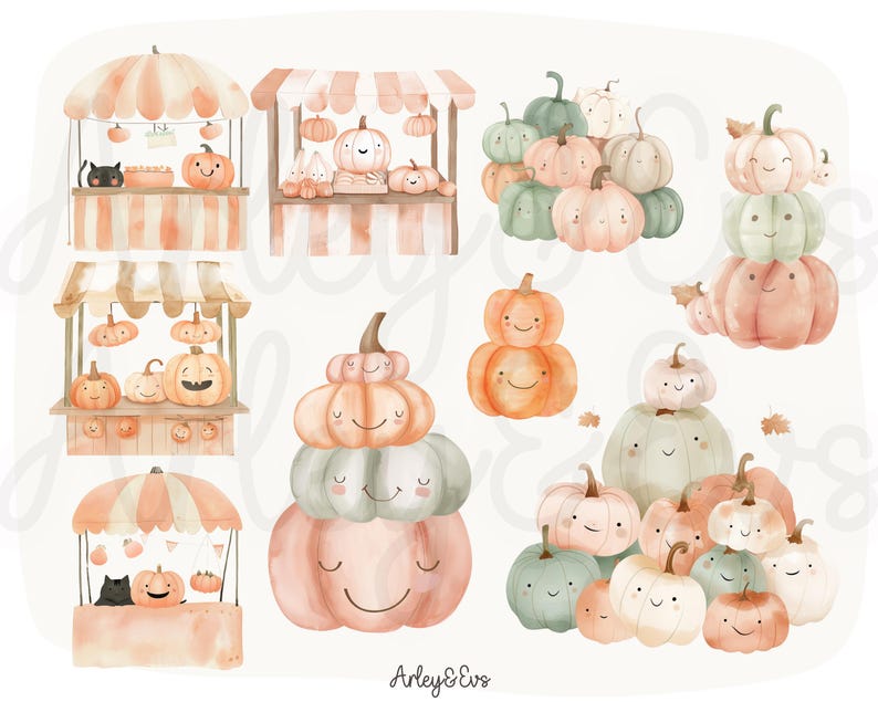 Halloween Clipart, Pastel Pumpkin Clipart Bundle, Watercolor Pumpkins ...
