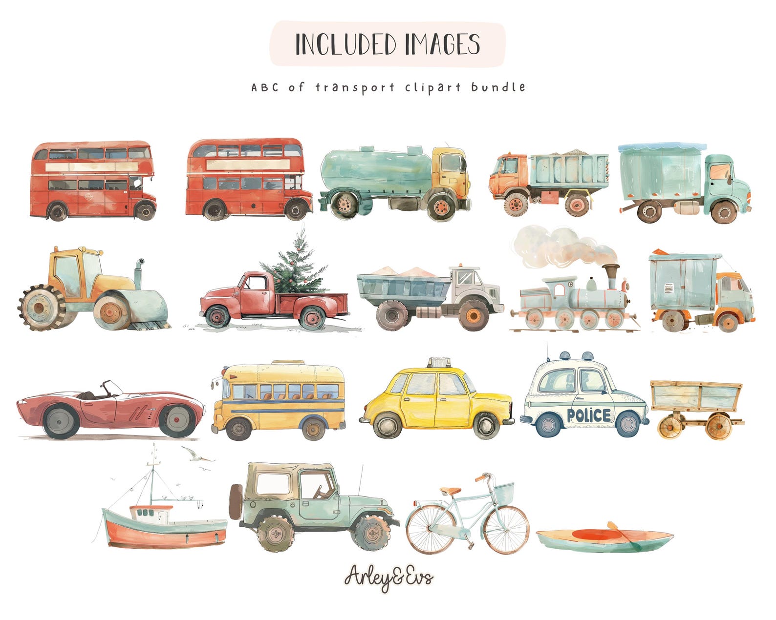 Watercolor Transport Clipart Bundle: Vehicle Illustrations, Nursery ...