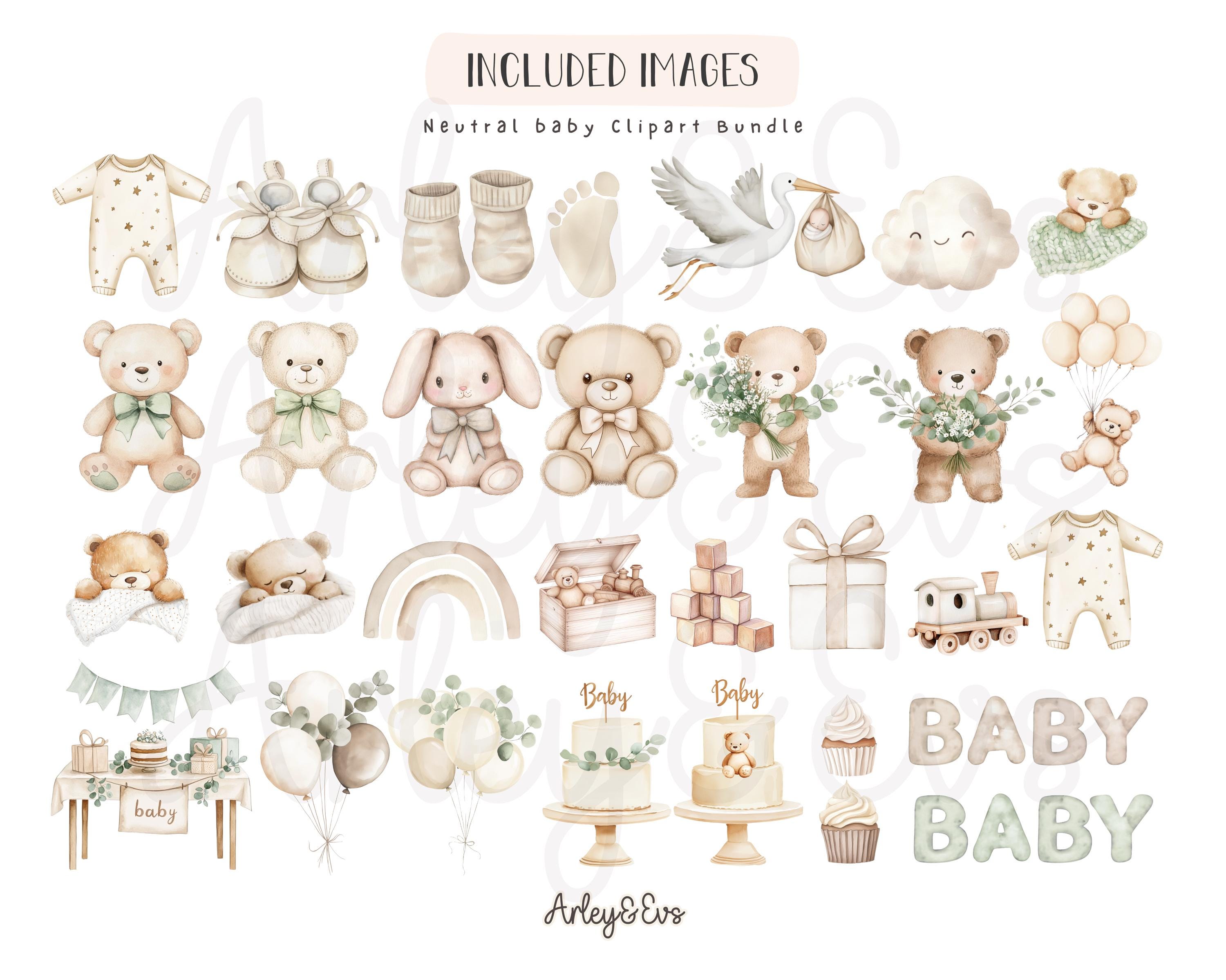 Watercolor Baby Shower Clipart Bundle: Neutral Green, Teddy Bear (PNG ...