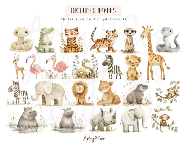 Paquete de imágenes prediseñadas de animales de safari en acuarela ...