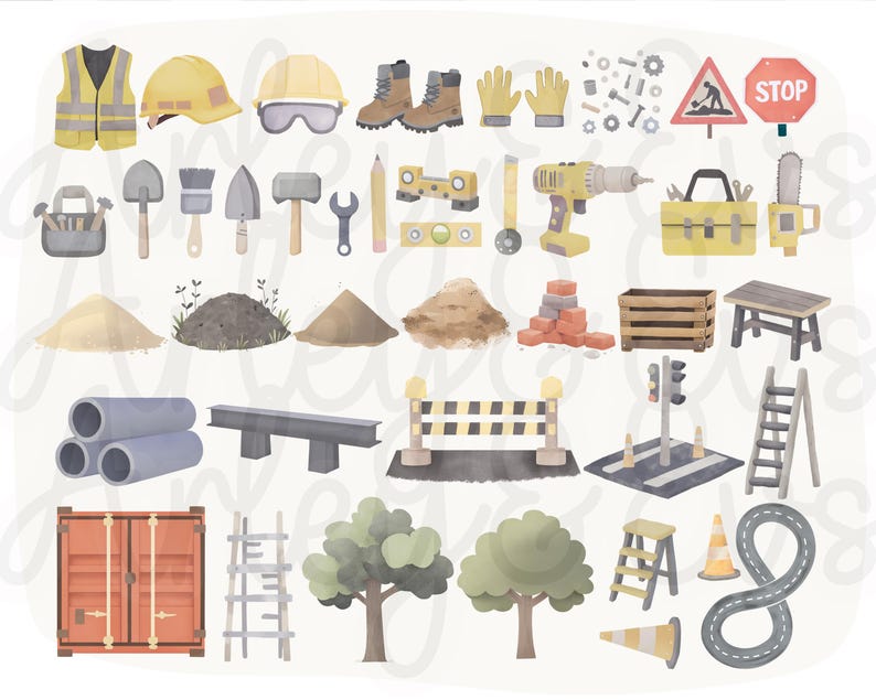 Watercolor Construction Clipart Bundle: Vehicles, Tools, Nursery (PNG ...