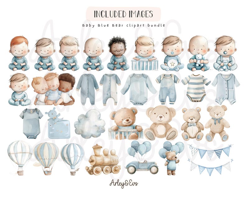 Teddy Bear Clipart Bundle: Watercolor Baby Shower PNG (digital Download ...