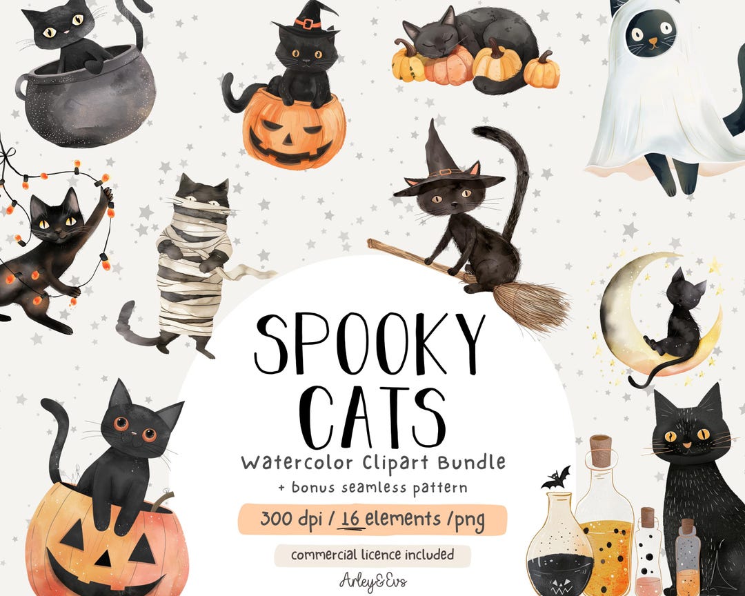 Halloween Cats Clipart Bundle, Watercolor Spooky Cats, Commercial Use ...