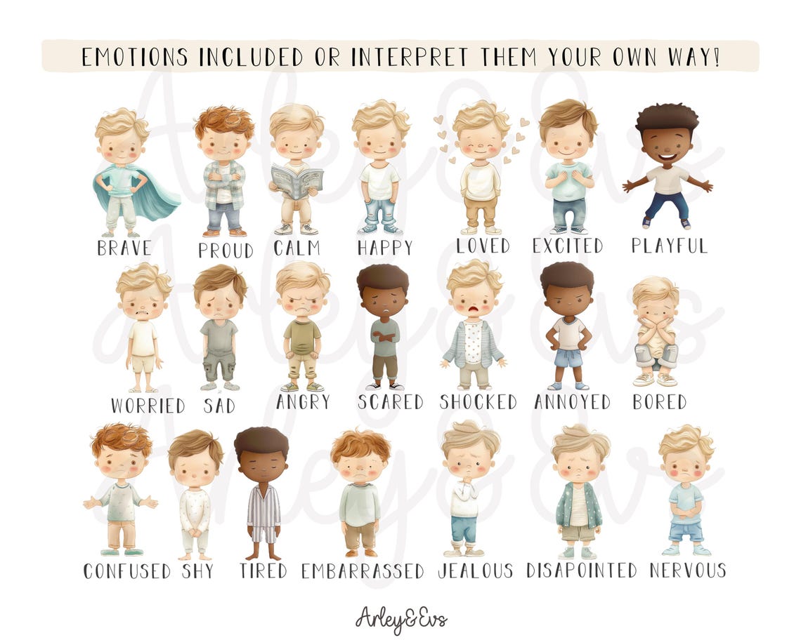 Boys Emotions Clipart: Watercolor Children's Faces (PNG) - Etsy